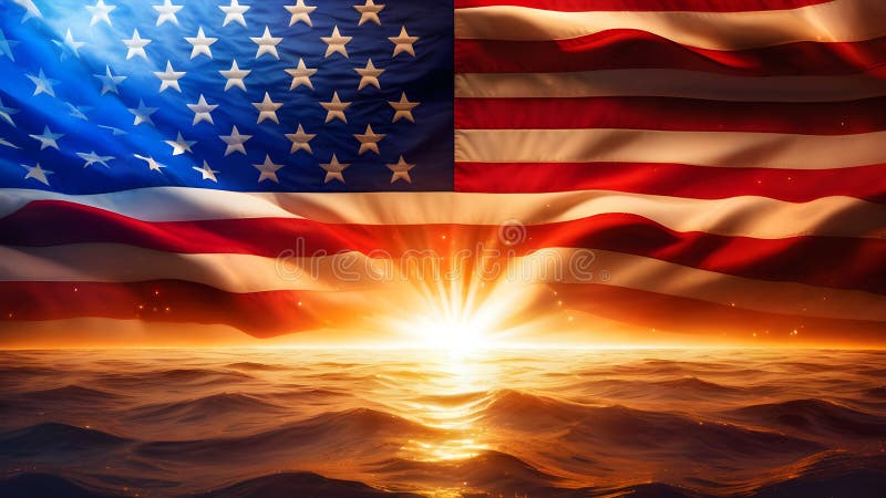 American Flag on the Sea and Sunset Background Stock Illustration ...