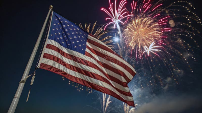 American Flag in Sharp Focus with Fireworks Behind it at Night Stock ...