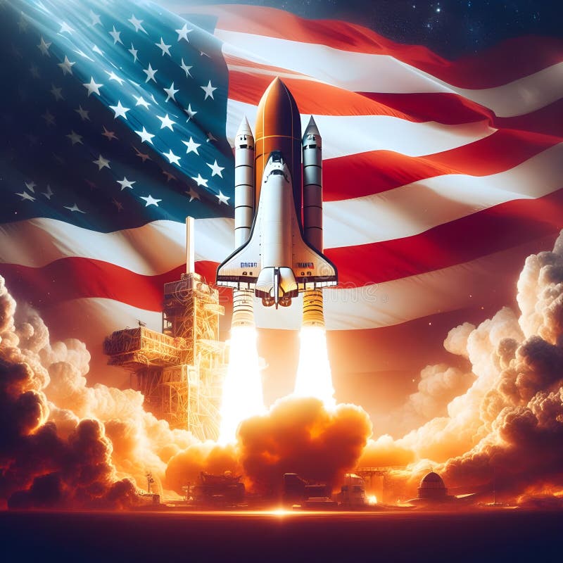 American Flag Space Shuttle Rocket Launch Patriotic Powerful Stock ...