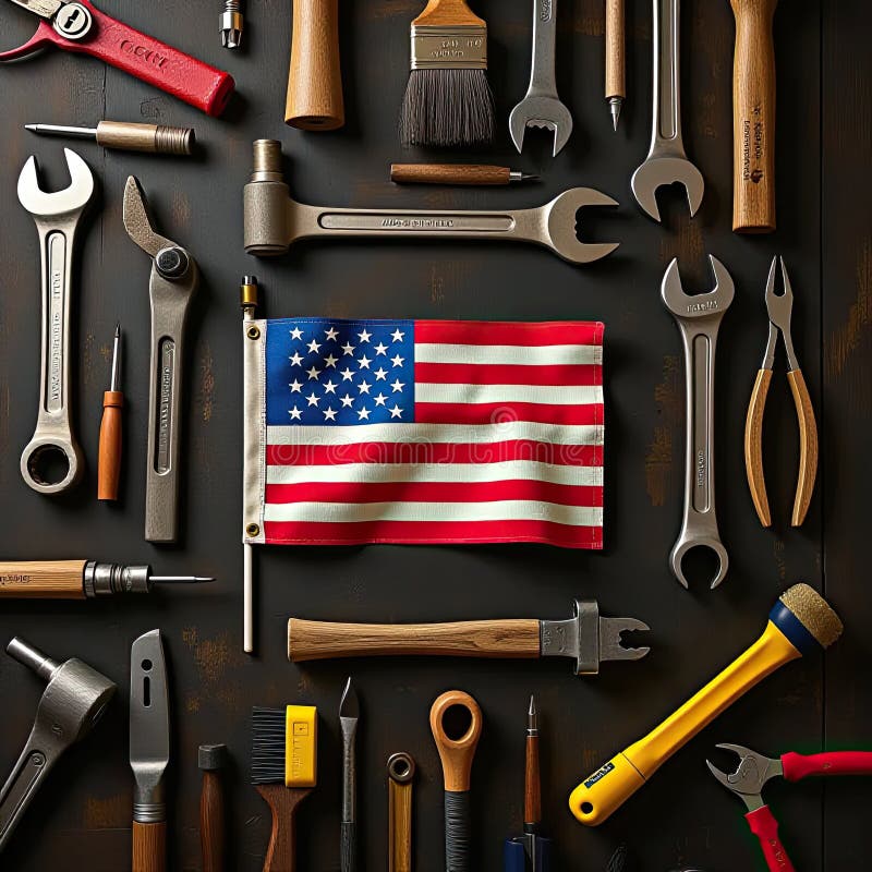 American Flag Surrounded by Tools for Labor Day. Stock Illustration ...