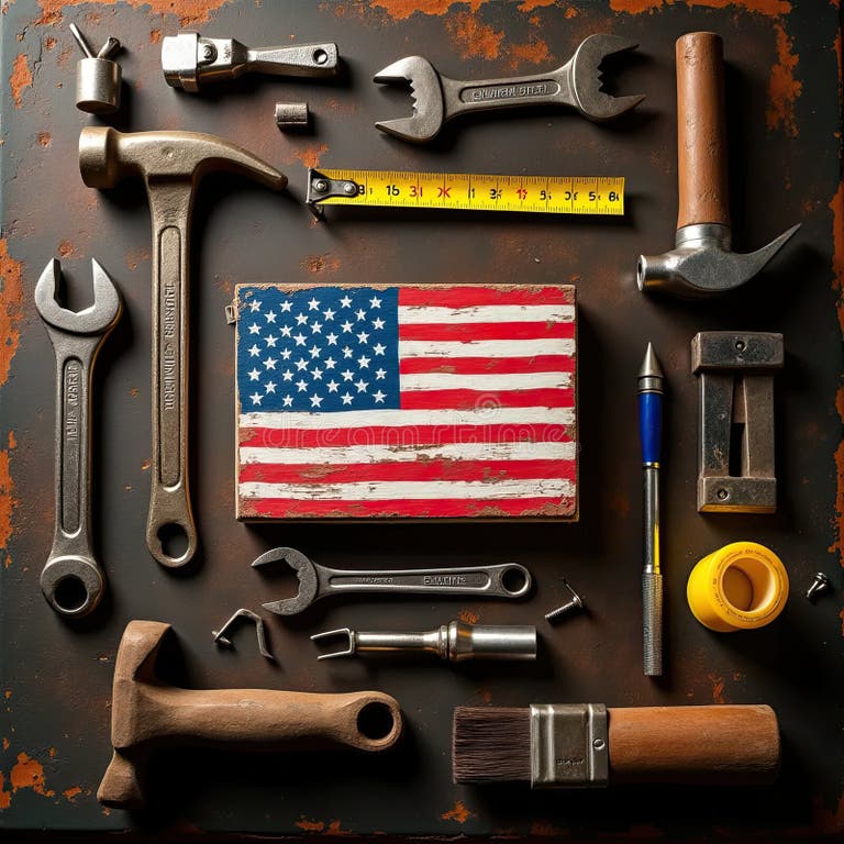 American Flag Surrounded by Tools for Labor Day. Stock Illustration ...