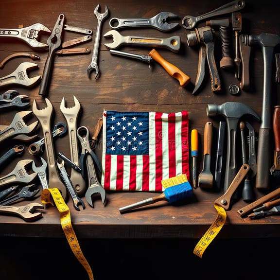 American Flag Surrounded by Tools for Labor Day. Stock Illustration ...