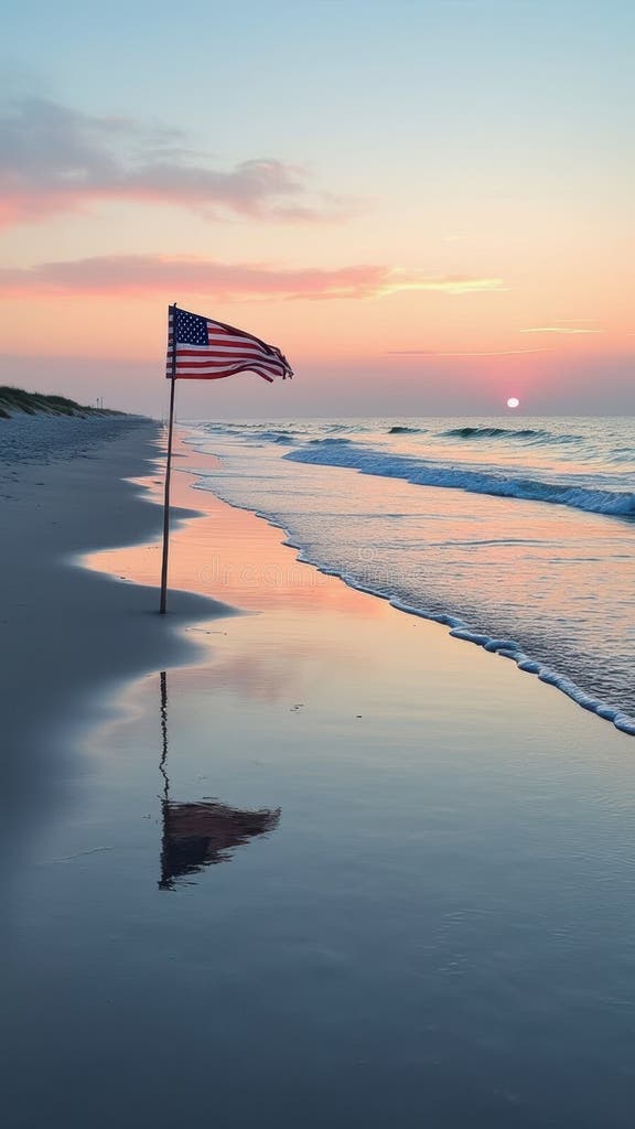 American Flag on Tranquil Beach at Sunrise with Reflections and Waves ...