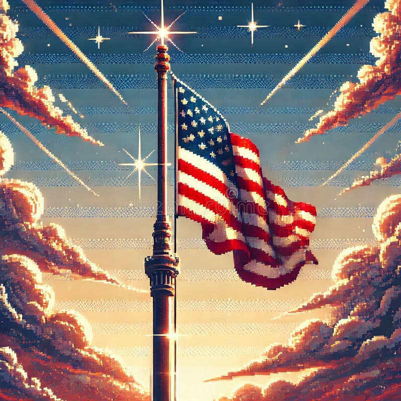 American Flag Vector Design with Sky Background, Pixel Art Stock ...