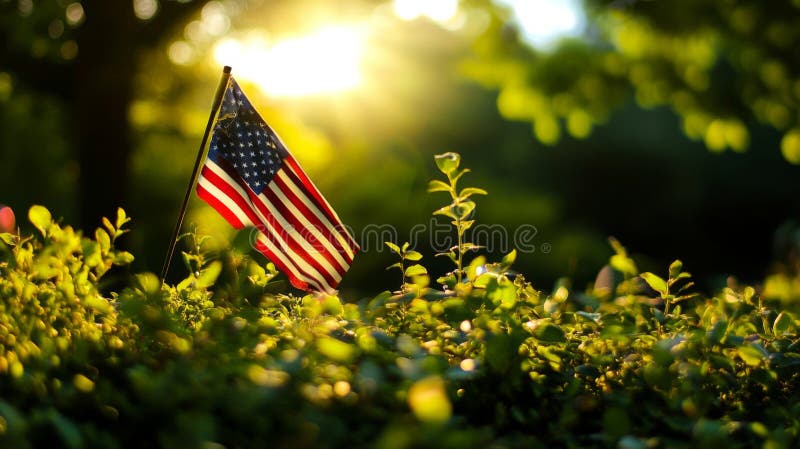 American Flag in a Vibrant Green Landscape at Sunset Stock Illustration ...