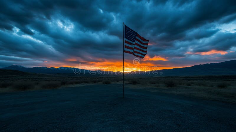 American Flag Waves Against a Dramatic Sunset Sky Over a Desert ...