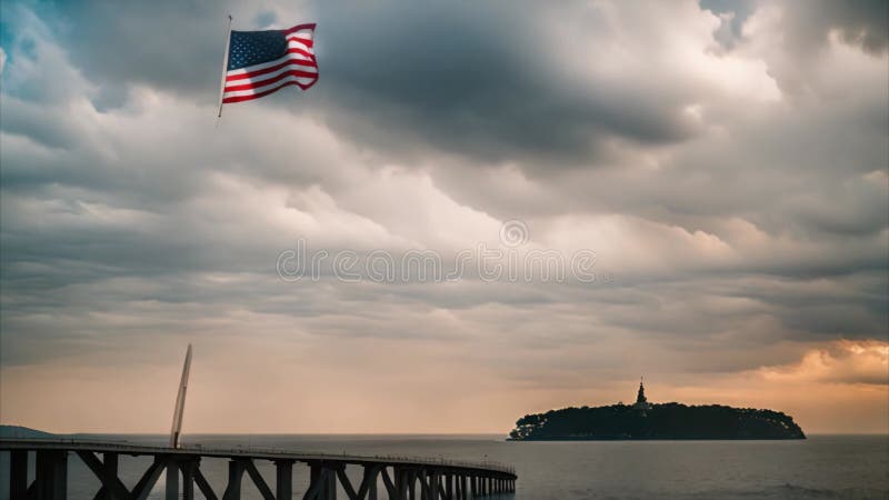 American Flag Waves on Bridge Overlooking Island Stock Footage - Video ...