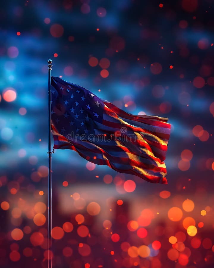 American Flag Waves Gracefully Against Backdrop of Vibrant Bokeh Lights ...