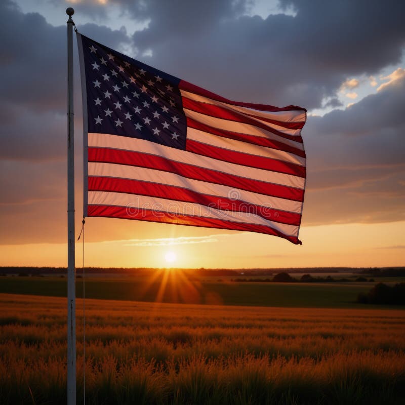 American Flag Waving Against a Backdrop of Setting Sun Over a Field ...