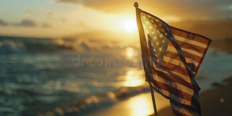 American Flag Waving Against a Sunset Over the Sea Stock Illustration ...