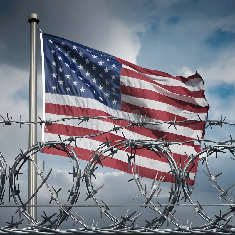 American Flag Waving with Barbed Wire in Foreground, Emphasizing ...