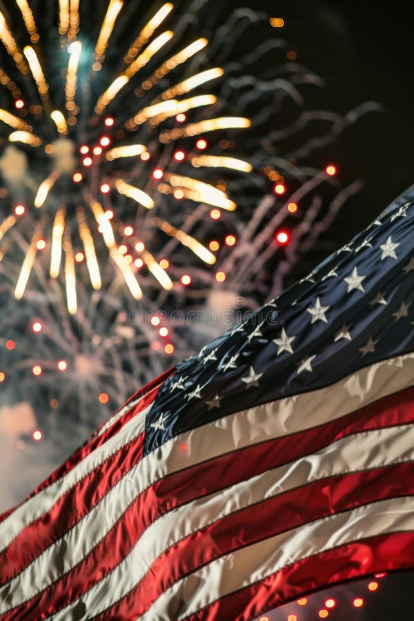 American Flag Waving before Fireworks Display at Night. Generative AI ...