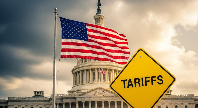 American Flag Waving in Front of the Capitol Building with a Yellow ...