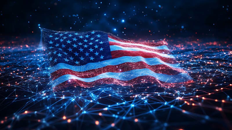 Abstract American Flag Waving Glowing Blue and Red Network Connection ...