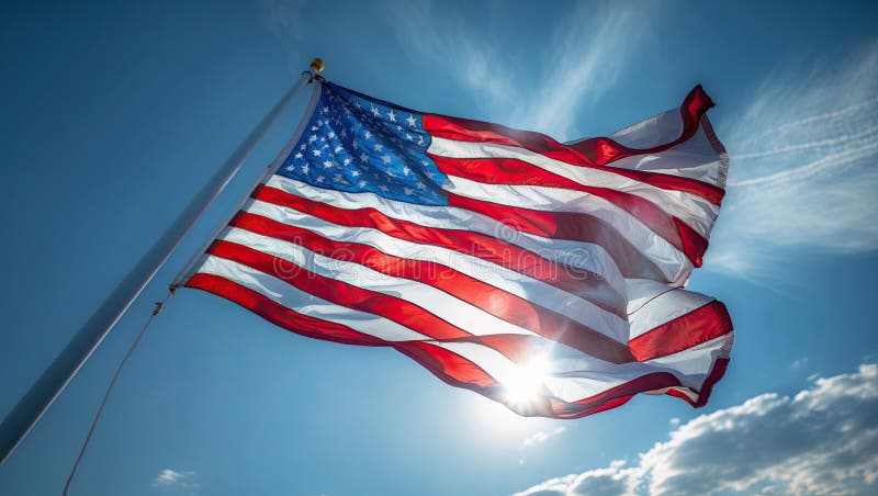 American Flag Waving High Against Bright Blue Sky Stock Illustration ...