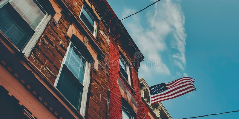 American Flag Waving on Historic Brick Building Stock Photo - Image of ...