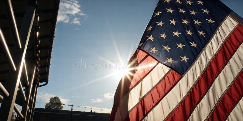 American Flag Waving in the Sunlight Against a Clear Sky Stock ...