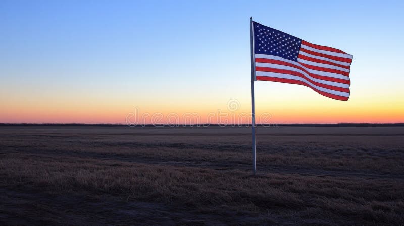 American Flag Waving at Twilight in Open Field Stock Image - Image of ...