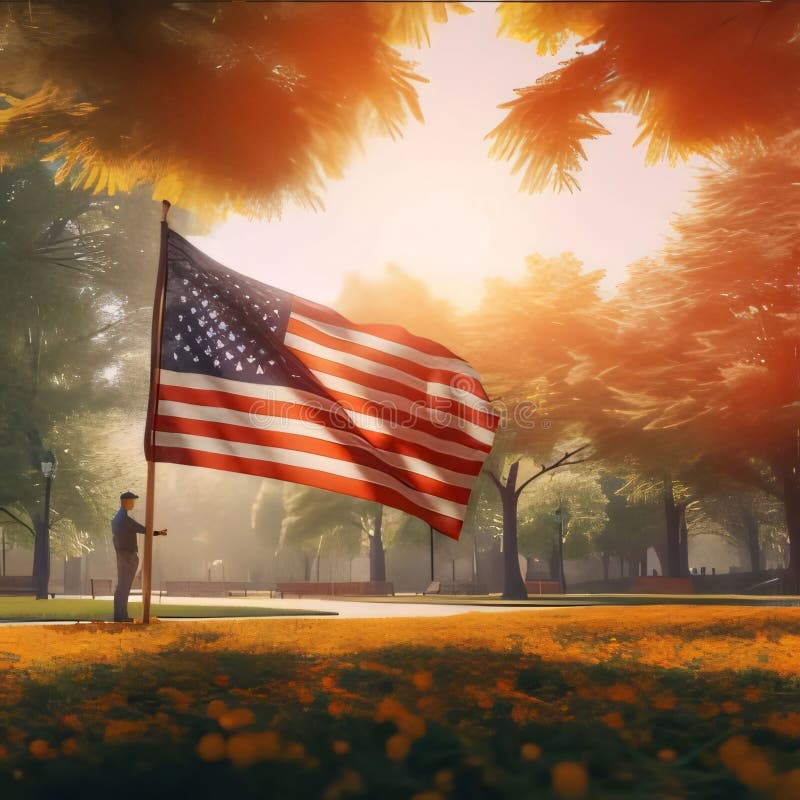 American Flag Waving in the Wind in the Park. 3D Rendering Stock ...