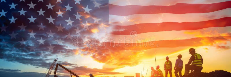 American Flag on a Windy Day with Workers in Hard Hats and Reflective ...