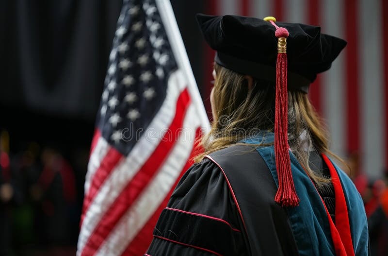 American Flag beside Woman in Graduation Cap, American Education Image ...