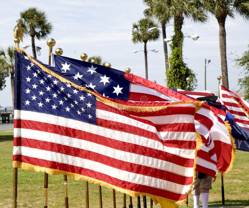 American Flags Under Stone Columns Stock Photo - Image of exterior ...