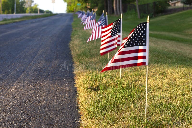 American Flags Along a Walking Path on the 4th of July Stock Image ...