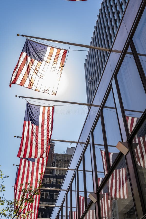 American Flags in a Building Stock Image - Image of patriotic, business ...