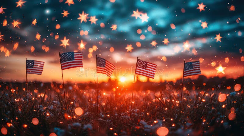 American Flags in Field at Sunset, Creating Patriotic Atmosphere with ...