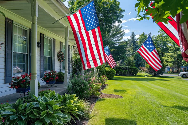 American Flags on the Front Porch of an American Home Stock Image ...