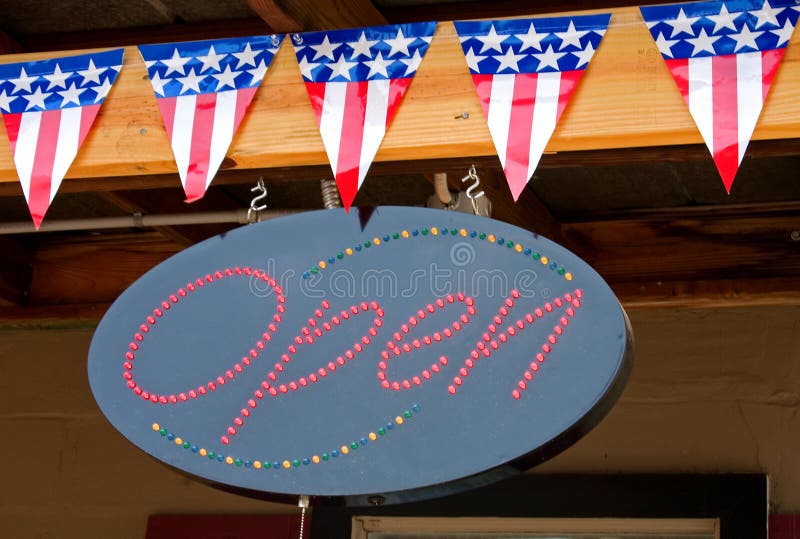 American Flags and Open Sign Stock Image - Image of hanging ...
