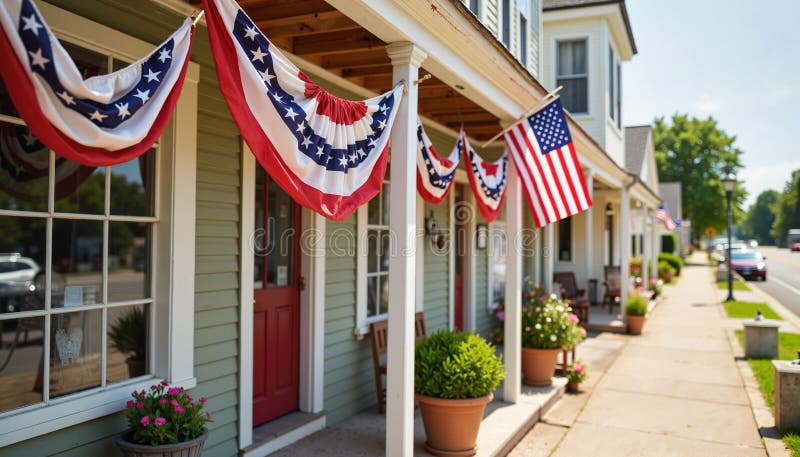 American Flags and Patriotic Decorations on Storefronts in Sunny Street ...