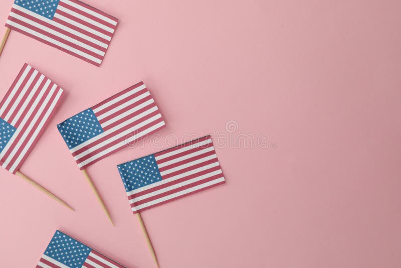 American Flags on Pink Background Space for Text Stock Image - Image of ...