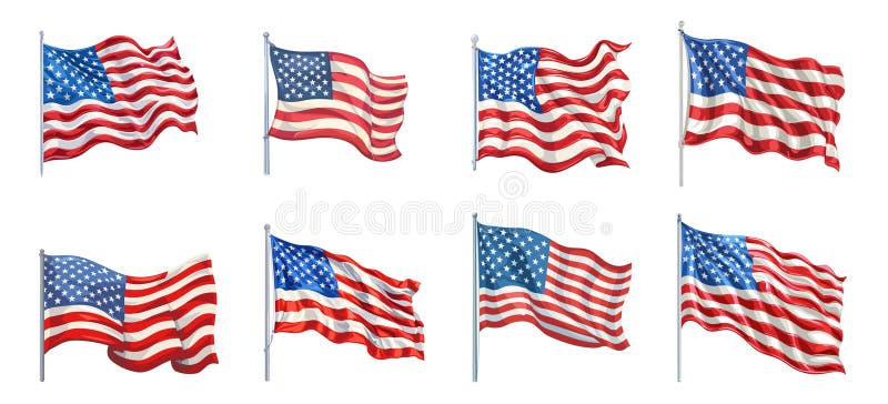 American Flags Set. Flag Flutter in the Wind. Patriotic 4th of July Design Element Stock Vector ...