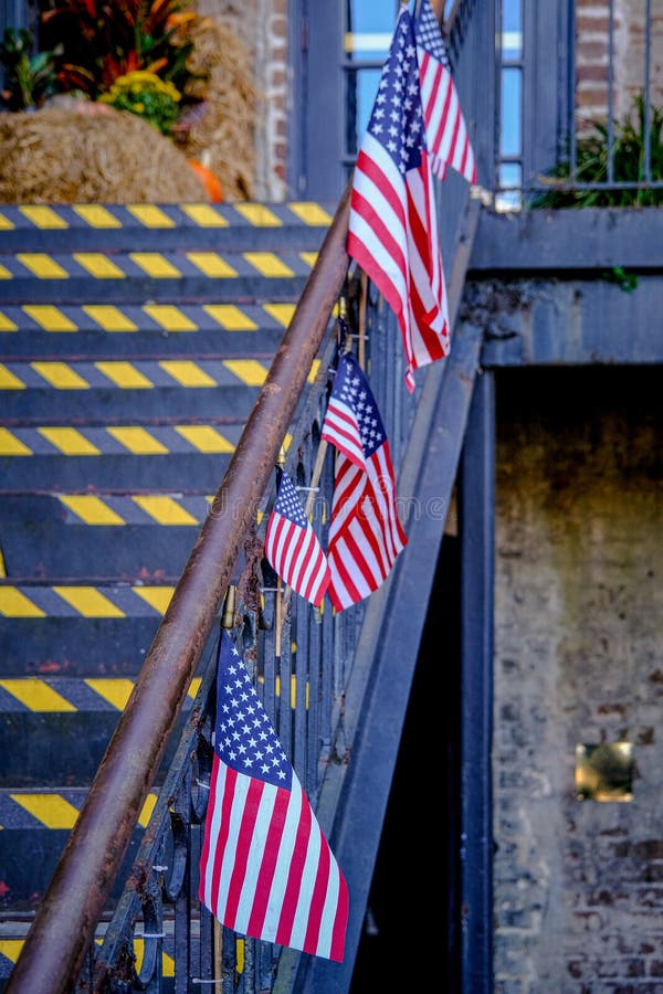 American Flags on Step Railing Stock Photo - Image of vacation, georgia ...