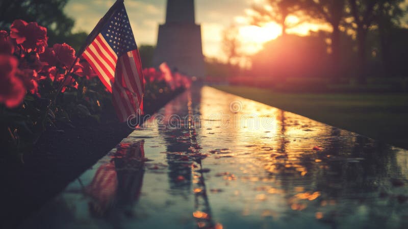 American Flags at Sunset Reflecting in Memorial Pool Stock Illustration ...