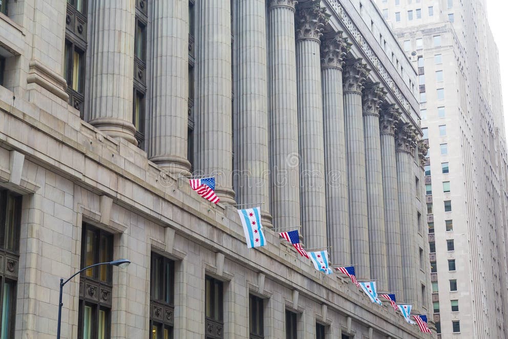 American Flags Under Stone Columns Stock Photo - Image of exterior ...