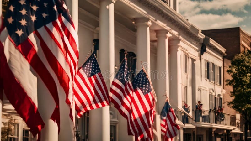 American Flags Waving in Front of a Historic Building Stock Footage ...