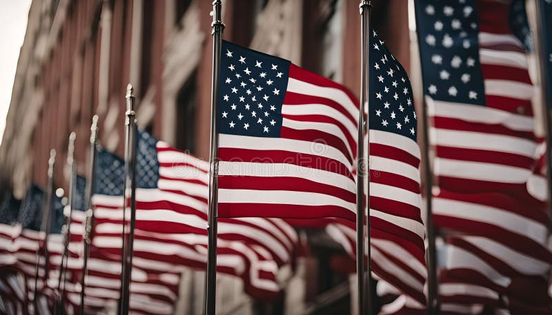 American Flags Waving in the Wind Stock Illustration - Illustration of ...