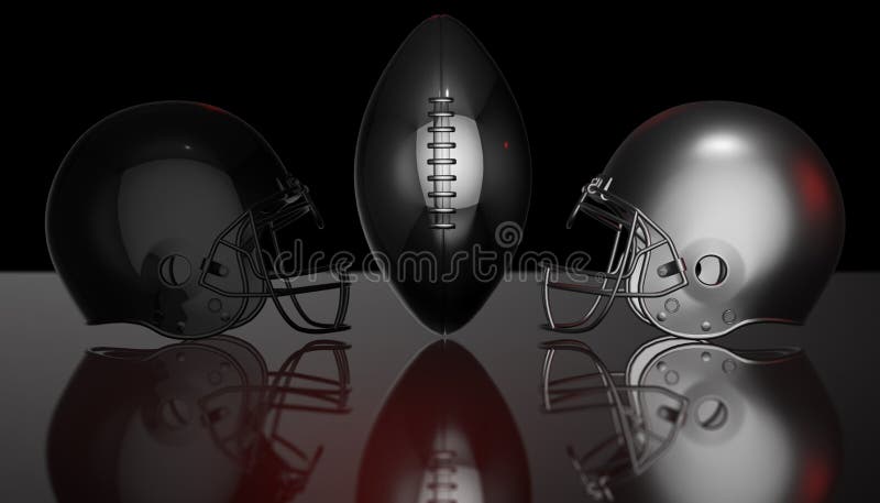 American Football Black and Silver Helmets on Black Dark Background, 3d ...