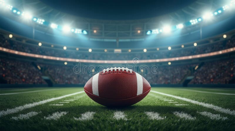 American Football on Field in Stadium Under Bright Lights Stock Photo ...