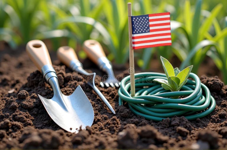 American Gardening Tools and Flag in Spring Vegetable Garden Stock ...