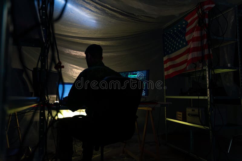 American Hacker in Military Unifrorm on Dark Web, Cyberwar Concept ...