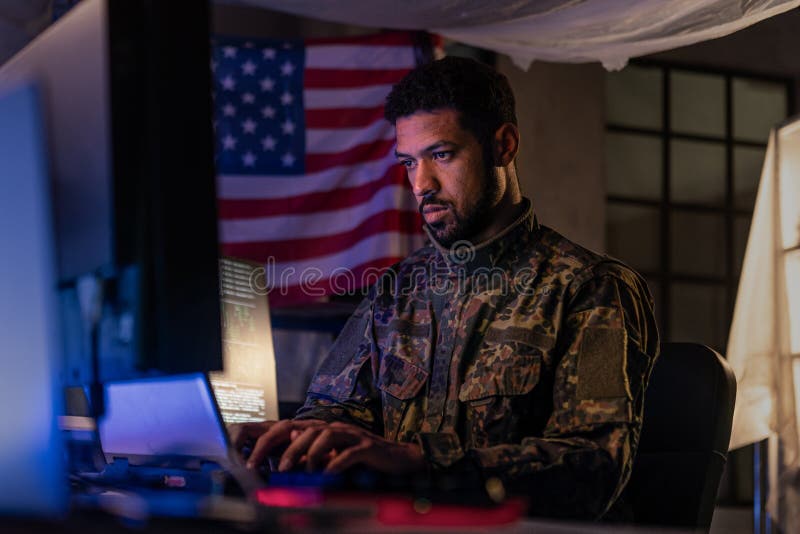 American Hacker in Military Unifrorm on Dark Web, Cyberwar Concept ...