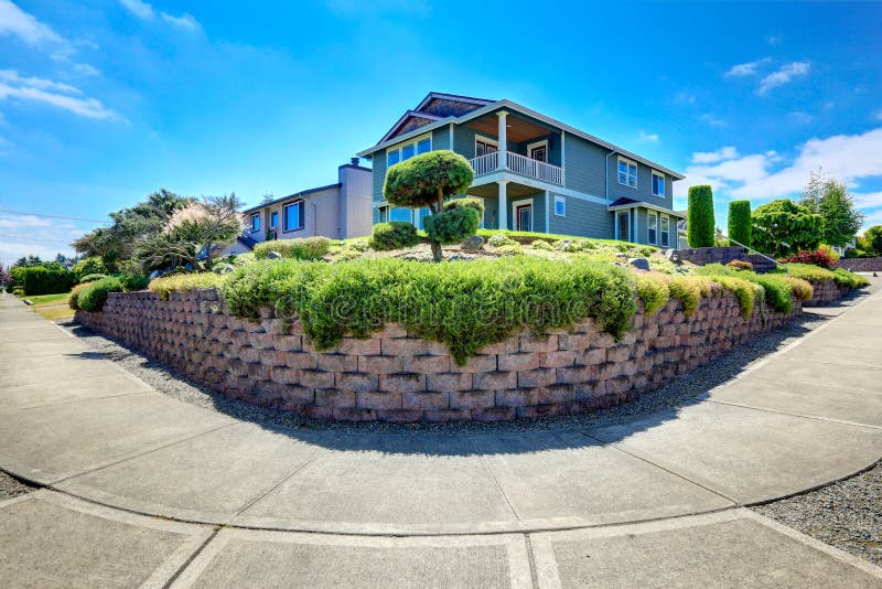 American House with Landscaped Front Yard. Panoramic View Stock Photo ...