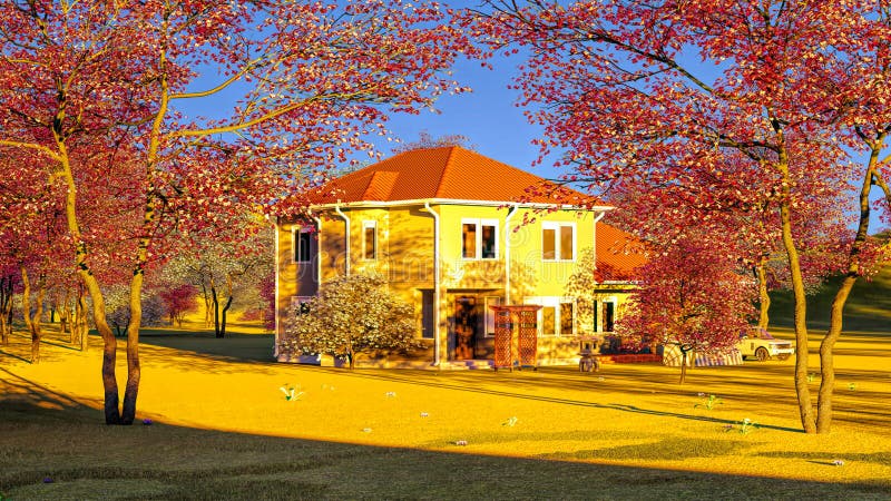 American House in Rural Settings 3d Rendering Stock Illustration ...