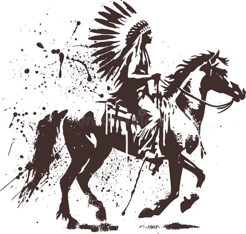 American Indian in Feather Hat Stencil Design with Torn Edges and Drips ...