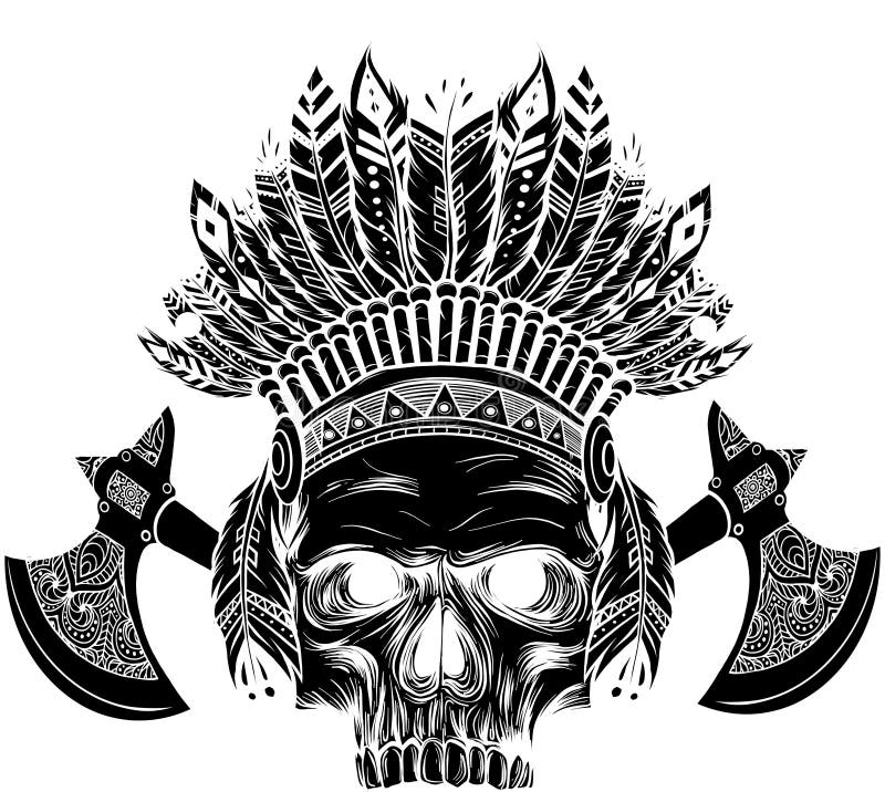 American Indian Skull Chief with Tomahawk ,black on White, Vector Stock ...