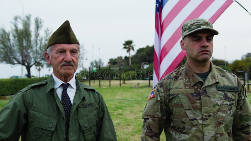 American Military General and Sergeant Standing at Attention in ...