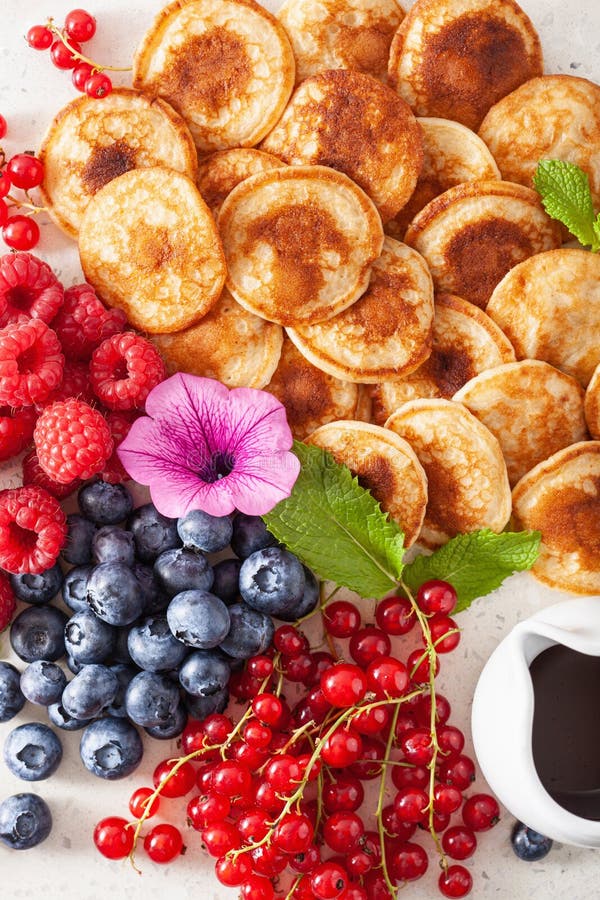 American Mini Pancake Board with Berries and Maple Syrup Stock Image ...
